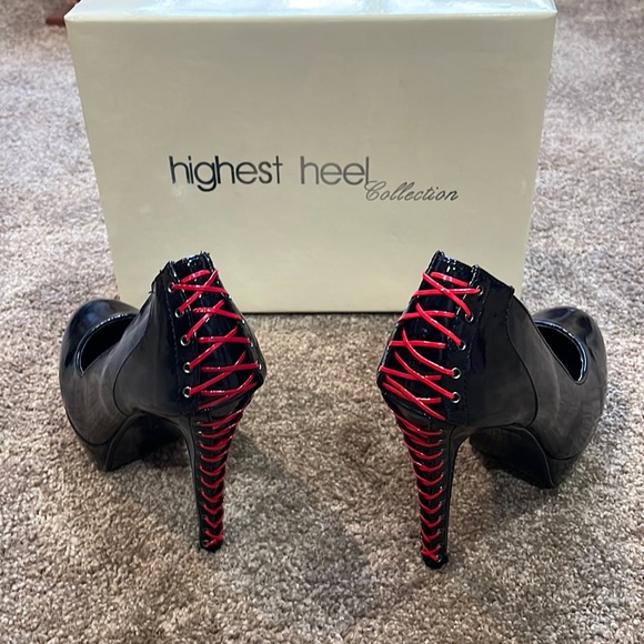 Shoes | Highest Heel Black Patent 8m Red Ribbons New | Poshmark